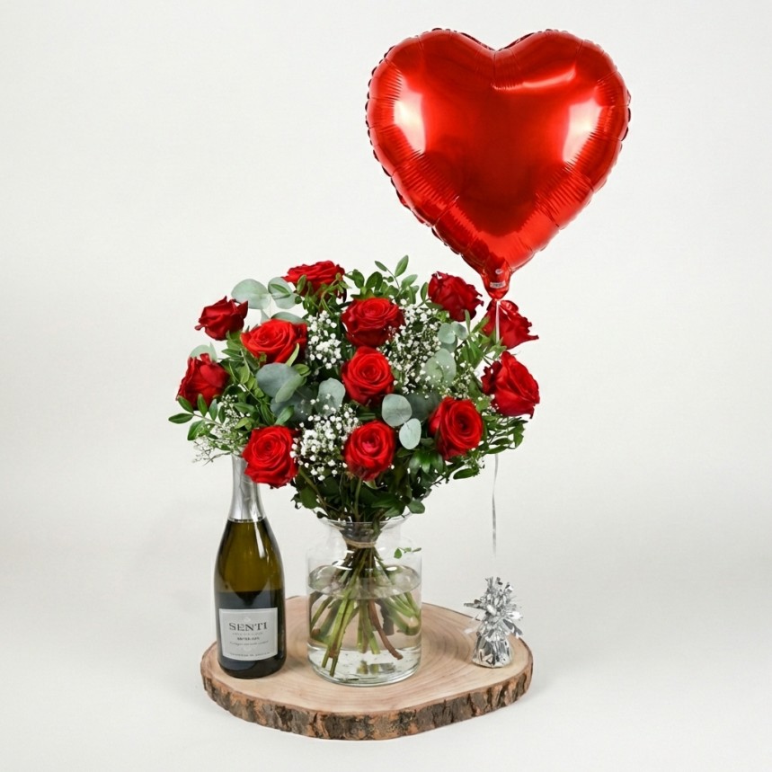 Timeless Romance Gift Set | Red Rose Bouquet, Prosecco & Heart Balloon ...